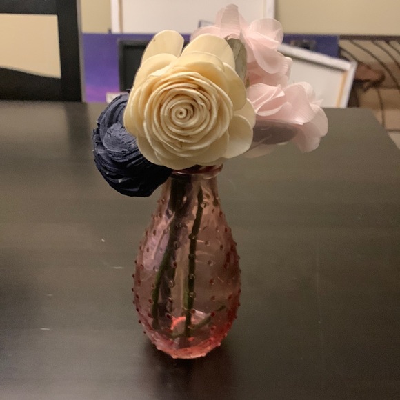 Accents | Pink Tinted Glass Bud Vase With Paper And Fabric Flowers ...